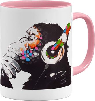 OM3 Monkey Ape Affee Music Banksy Tasse - Keramik Becher - 11oz 325ml - Beidseitig Bedruckt - Rosa