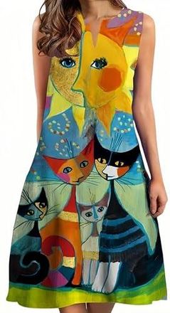 Ocean Plus Femme Robe dété Mi-Longue Décontractée Col en V sans Manches Grande Taille (XL, Famille du Chat Soleil)