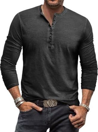 Generic T-shirt &agrave; manches longues pour homme - T-shirt d&eacute;contract&eacute; d&eacute;lav&eacute; &agrave; boutons d&eacute;lav&eacute;s tendance pour lautomne - T-shirt ajust&eacute; pour le quotidien, les vac