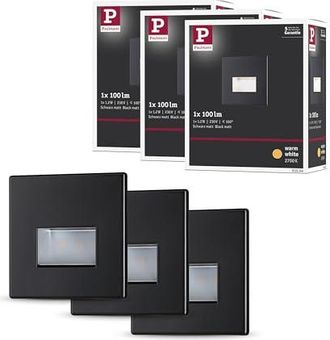 Paulmann 5223 Kit LED encastr&eacute;s muraux Edge jeu de 3 carr&eacute;s 80x5mm 3x1,2W 3x50lm 230V 2700K noir d&eacute;poli