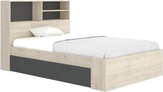 Vente-Unique Lit 120 x 190 cm avec rangements - Coloris : Naturel et anthracite - VARDIEL