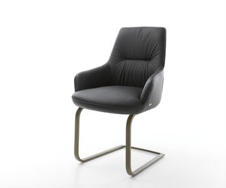 DELIFE Freischwinger Zelia-Flex mit Armlehnen Echt-Leder Schwarz Freischwinger flach Effektfinish Titan Taschenfederkern, Esszimmerst&uuml;hle