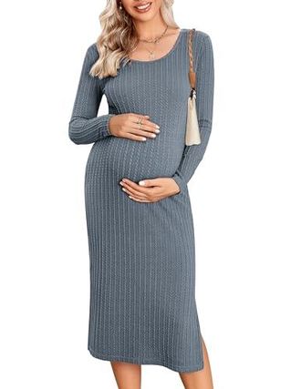 Ekouaer Robe de Maternit&eacute; pour Femme Col Rond Robe de Grossesse Manches Longues V&ecirc;tements de Maternit&eacute; D&eacute;contract&eacute;s, Bleu-Gris, XXL