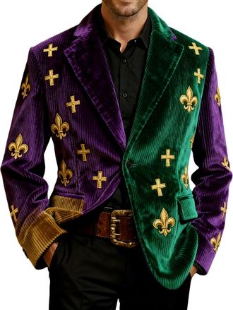 Generic Herren Sakko Kordsamt Bunt Bedruckt Anzugjacke Karneval Kost&uuml;m Muster Blazer Fasching Party Outfit Vintage Cord Jackett Slim Fit mit Motiv