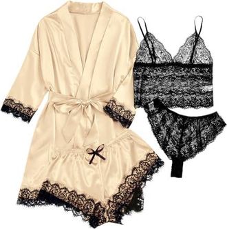 Generic Pyjama 4 Pi&egrave;Ces pour Femme - Ensemble Pyjama Long - sous-V&ecirc;Tements Sexy en Dentelle - Pantalon Court - Chemise De Nuit - Printemps &eacute;T&eacute; Automne - Robe 