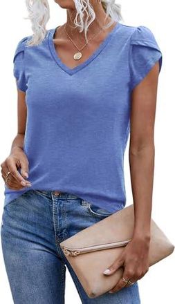 Zeagoo T-Shirts Dété pour Femme Décontracté Manches Courtes Haut Col en V Manches à Pétales Tee Shirt Classique Uni Top Bleu Ciel XXL