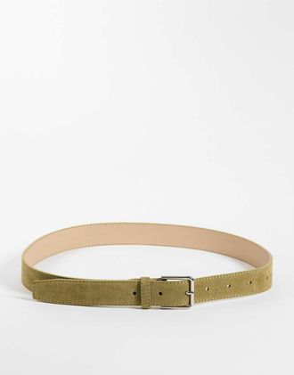 & Other Stories ceinture fine en cuir v&eacute;ritable &agrave; boucle carr&eacute;e, olive-Neutral