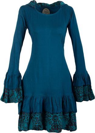 vishes Alternative Bekleidung - Lagenlook Langarm Elfenkleid mit Zipfelkapuze und R&uuml;schen t&uuml;rkis 48/50