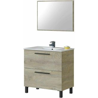 PEGANE Pegane - Meuble salle de bain sous vasque avec 2 Tiroirs + 1 Miroir coloris Alaska ch&ecirc;ne - Longueur 80 x Profondeur 45 x Hauteur 86 cm