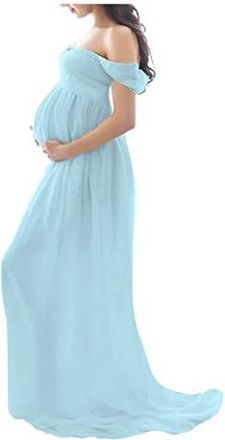 TOMWELL Robe Grossesse Femme Jupe Longue en Mousseline de Soie Maternité Photographie Robe Couleur Unie Élégant Shooting Photo Maxi Robes A Bleu XL