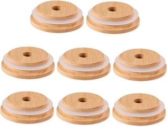 SOLUSTRE 8stücke Glasdeckel Für Einmachgläser Mit Bambusdeckel Und Silikon-dichtungsring Zum Trinken Mit Strohhalmloch Für Verschiedene Glasbehälter Geeignet