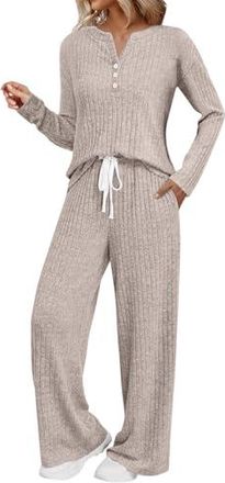 Generic Pyjama c&ocirc;tel&eacute; pour femme - Couleur unie - &Eacute;l&eacute;gant - Avec boutons et poche - V&ecirc;tement de nuit ample - Manches longues - Jambes larges - Ensemble pyjama