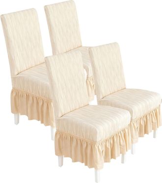 Generic Esszimmerstuhlhusse mit Rüschenrock und wassergeriffelter Textur - All-Inclusive, waschbare Schonbezüge für Esszimmer, Küche, Wohnzimmer(Beige,4pcs)