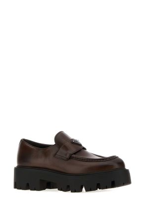 Prada Womens Dark Brown Leather Loafers Teak Mocassini