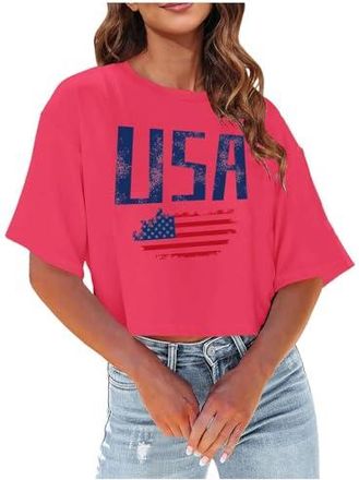 Generic Haut court &agrave; manches courtes pour femme 2025 graphique Gym mignon coupe ample T-shirt court d&eacute;contract&eacute; col rond demi-chemises sortie patriotique Y2K 
