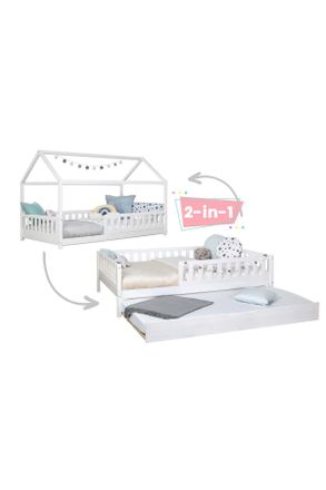 MID.YOU Mid.you Ausziehbett, Weiß, Holz, Kiefer, Schichtholz,massiv, Höhe ca. 20 cm, 120x200 cm, Bettkasten, bodentiefer Einstieg, Kinder- &