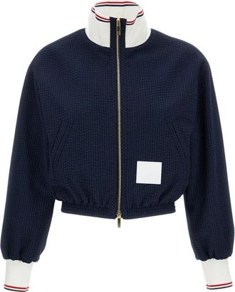 Thom Browne Femme, Vestes, Bleu, Taille: 38 FR Veste Courte en Laine Seersucker