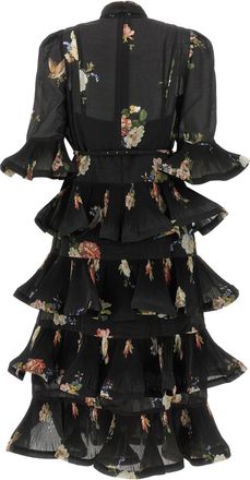 Zimmermann Pleated Flounce with Botanical Print Dress - Black