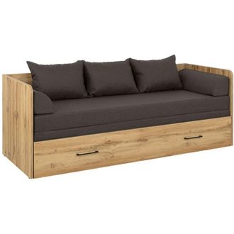 PEGANE Lit canap&eacute; convertible 80-160x200 cm coloris Ch&ecirc;ne wotan avec coffre de rangement, matelas et 3 oreillers gris anthracite - Longueur 200,5 x