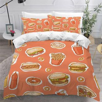 Generic Bettw&auml;sche 135x200 Burger-Pommes Bettbezug 135 x 200 Cartoon-Muster Bettw&auml;sche-Sets mit Rei&szlig;verschluss 3D Weiche Mikrofaser Kinderbettw&auml;sche mit 2 Kis