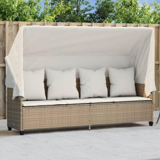 vidaXL Vidaxl - Sonnenliege mit Dach und Kissen Beige Poly Rattan