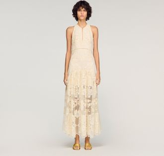 Sandro Robe longue en coton guipure fleur
