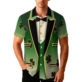 Generic Chemise &agrave; manches courtes pour homme - Imprim&eacute; tr&egrave;fle vert amusant - Chemise de c&eacute;l&eacute;bration l&eacute;g&egrave;re et respirante - Haut d&eacute;t&eacute; boutonn&eacute; - Coupe d&eacute;contra