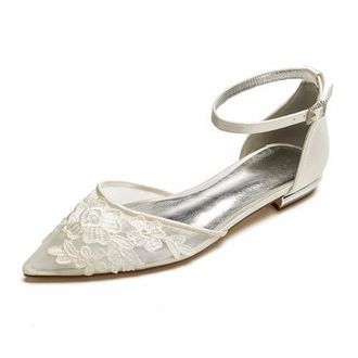 Generic Femme Ballerines &Agrave; Bout Pointu Chaussures De Mariage De Mari&eacute;e Satin Bureau Travail Soir Plates 2Cm,Ivoire,41 EU