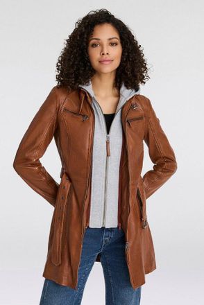 Mauritius Lederjacke Bente OT 2 (mit G&uuml;rtel) lange Lederjacke mit G&uuml;rtel & abnehmbarem Kapuzen-Inlay