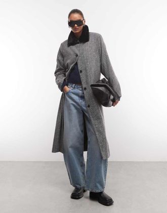 Reclaimed Vintage manteau dad oversize aspect laine &agrave; chevrons-Gris