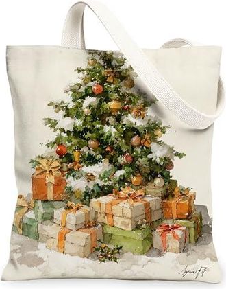 Generic Sacs fourre-tout en toile de No&euml;l, motif arbre de vacances, sacs de courses r&eacute;utilisables, rustiques, l&eacute;gers et lavables avec bandouli&egrave;re en toile pou