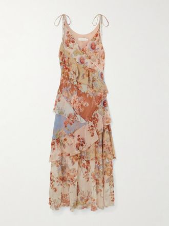 Zimmermann Robe Longue En Cr&ecirc;pe De Chine De Coton Et De Soie M&eacute;lang&eacute;s &Agrave; Imprim&eacute; Fleuri Et &Agrave; Volants Awaken - Multicolore