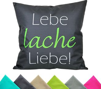 JACK 1x 50x50cm Outdoor Kissenh&uuml;lle Motiv Bezug Wasserabweisend Sitzkissen Garten Stuhl Lotus Effekt lustig, Farbe:Lebe Lache Liebe