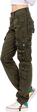 Minetom Femme Cargo Pantalon Casual Vintage Multi Poche Baggy Straight Slim Pantalons Longs Taille Haute Trousers Streetwear Y3 Armée Verte L