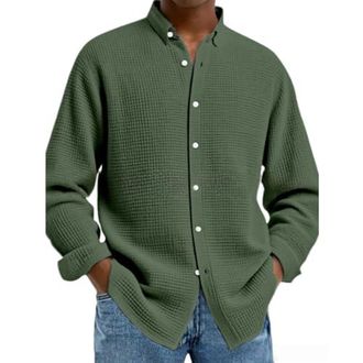 Generic Mokaloha Chemise &agrave; manches longues pour homme Motif gaufr&eacute; Style d&eacute;contract&eacute; Couleur unie Bouton gaufr&eacute; Chemise classique confortable, vert militaire,