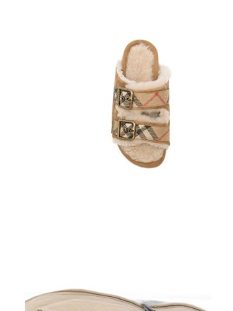 Burberry Shearling-Trim Check Sandal - Beige