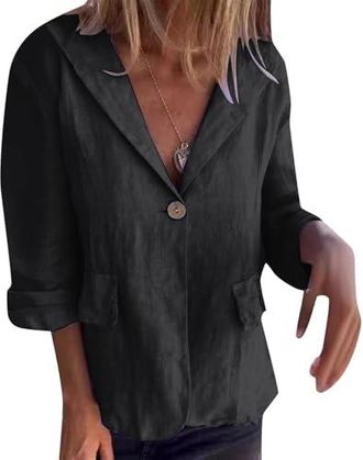 Generic Vestes pour femmes 2026 Manteau de costume en lin &agrave; revers crant&eacute; &agrave; un bouton, Noir, 5XL