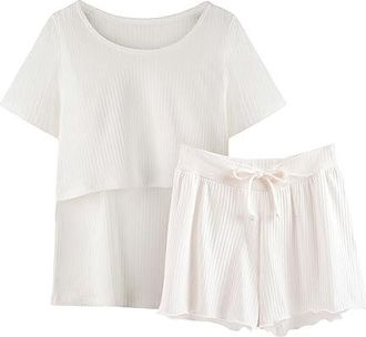 Generic Pyjama junior en coton &agrave; manches pour femme - Chemise et ensemble pour femme - Haut de maternit&eacute; - Pantalon court - Robe de grossesse, blanc, M