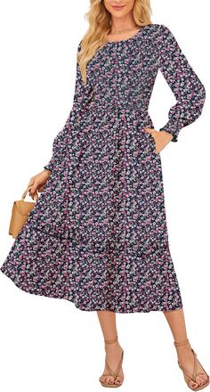 Kate Kasin Damen Freizeit Rundhalsausschnitt Elastische Hohetaille Laternen&auml;rmel Blumenkleid Marineblau XL