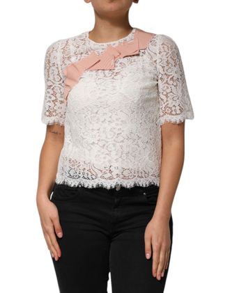 Dolce & Gabbana Womens White Floral Lace Short Sleeves Blouse Top Nylon Cotton Viscose Acetate