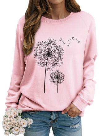 Dresswel Damen L&ouml;wenzahn Sweatshirt Langarmshirt Pusteblume Drucken Pullover Herbst Winter Bluse Tops Oberteile(Hellrosa, 2XL)