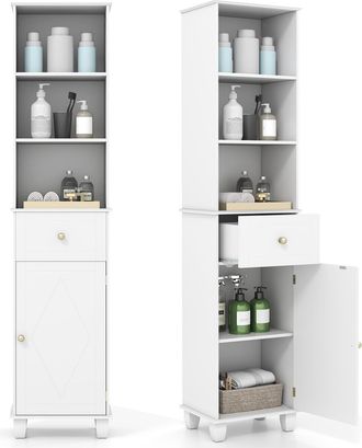 Costway Badezimmerschrank schmal, Badschrank Hochschrank mit 3 offenen Regalen, Schublade, T&uuml;r & verstellbarem Regal, Aufbewahrungsschrank Holz f&uuml;r Badezimmer