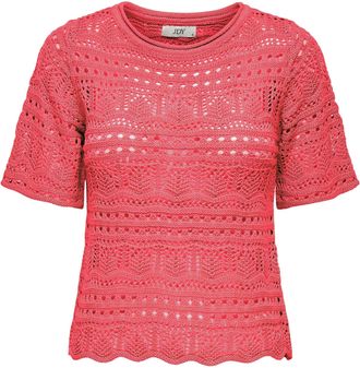 Jacqueline de Yong Damen Rundhals T-Shirt Kurzarm Häkeltop mit geometrischem Muster, Farben:Rot, Größe:XS
