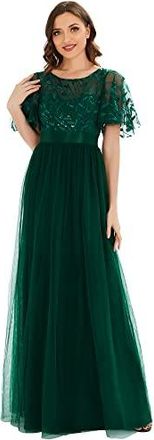 Ever-pretty Robe de Soir&eacute;e pour Mariage Demoiselle dhonneur Manches Courtes Taille Empire A-Line Tulle Longue Femme Vert Fonc&eacute; 34