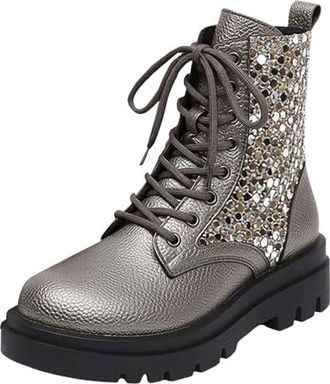 Generic Femme Bottines Combat Paillettes Semelle Chunky Plateforme Chic Style Punk Bottes Courtes &agrave; Lacets Sequins Tendance L&eacute;g&egrave;res Boots Chaussures D&eacute;contrac