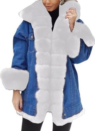 Generic Manteau en denim en fausse fourrure pour femme - Grande taille - Veste chaude et &eacute;paisse - Style d&eacute;contract&eacute; - Parka dext&eacute;rieur, blanc, 3XL
