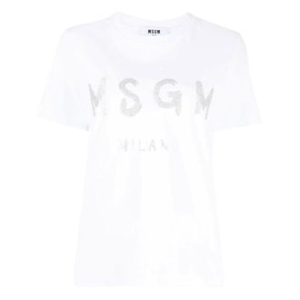 Msgm Msgm, Femme, Tops, Blanc, Taille: 42 FR T-shirt en jersey avec logo &agrave; motif de coup de pinceau paillet&eacute;