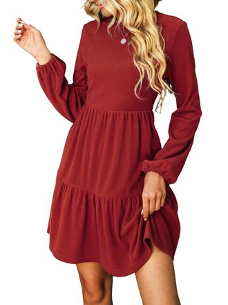 Cupshe Damen Kleid Rundhals Langarm Volantsaum A Linien Herbst Winter Rippstruktur Kurze Minikleid Freizeitkleider Tiered Mini Dress Rot XXL