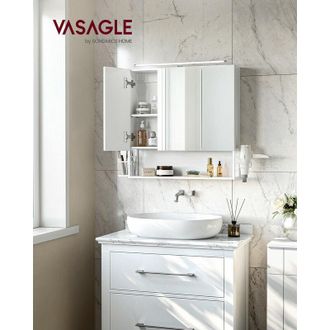 Vasagle Vasagle - Armoire Murale avec Miroir, Meuble de Salle de Bain avec Lampe led, Placard 3 Portes, avec &Eacute;tag&egrave;re R&eacute;glable, Porte S&egrave;che-Cheveux, Pot