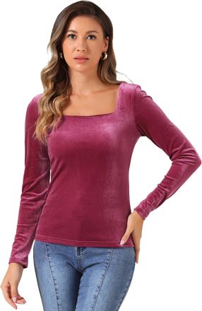 Allegra K Damen Velvet Oberteil Langarm Eckigem Ausschnitt Samt T-Shirt Bluse Pink L